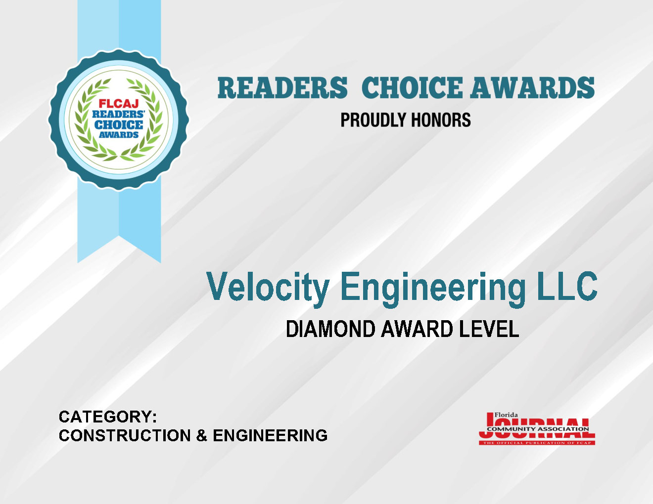 2020 FLCAJ Readers’ Choice Awards – Diamond Award - Velocity Engineering
